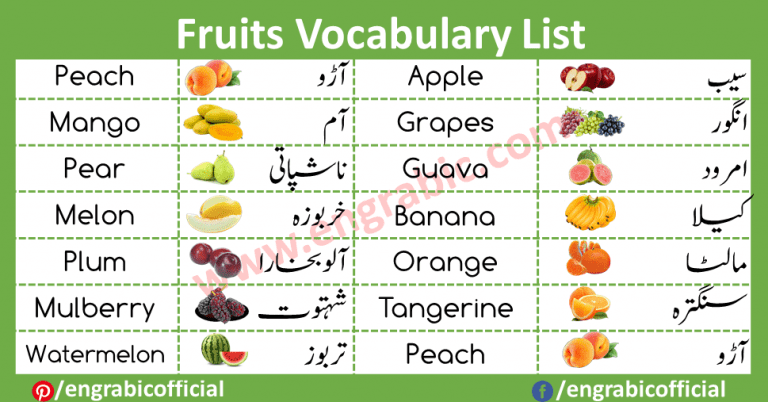 List of Fruits in Arabic, English and Urdu Vocabulary - Engrabic