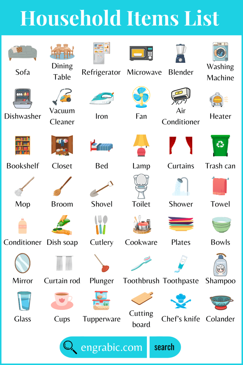 Household Items List: Household Vocabulary with Pictures Engrabic